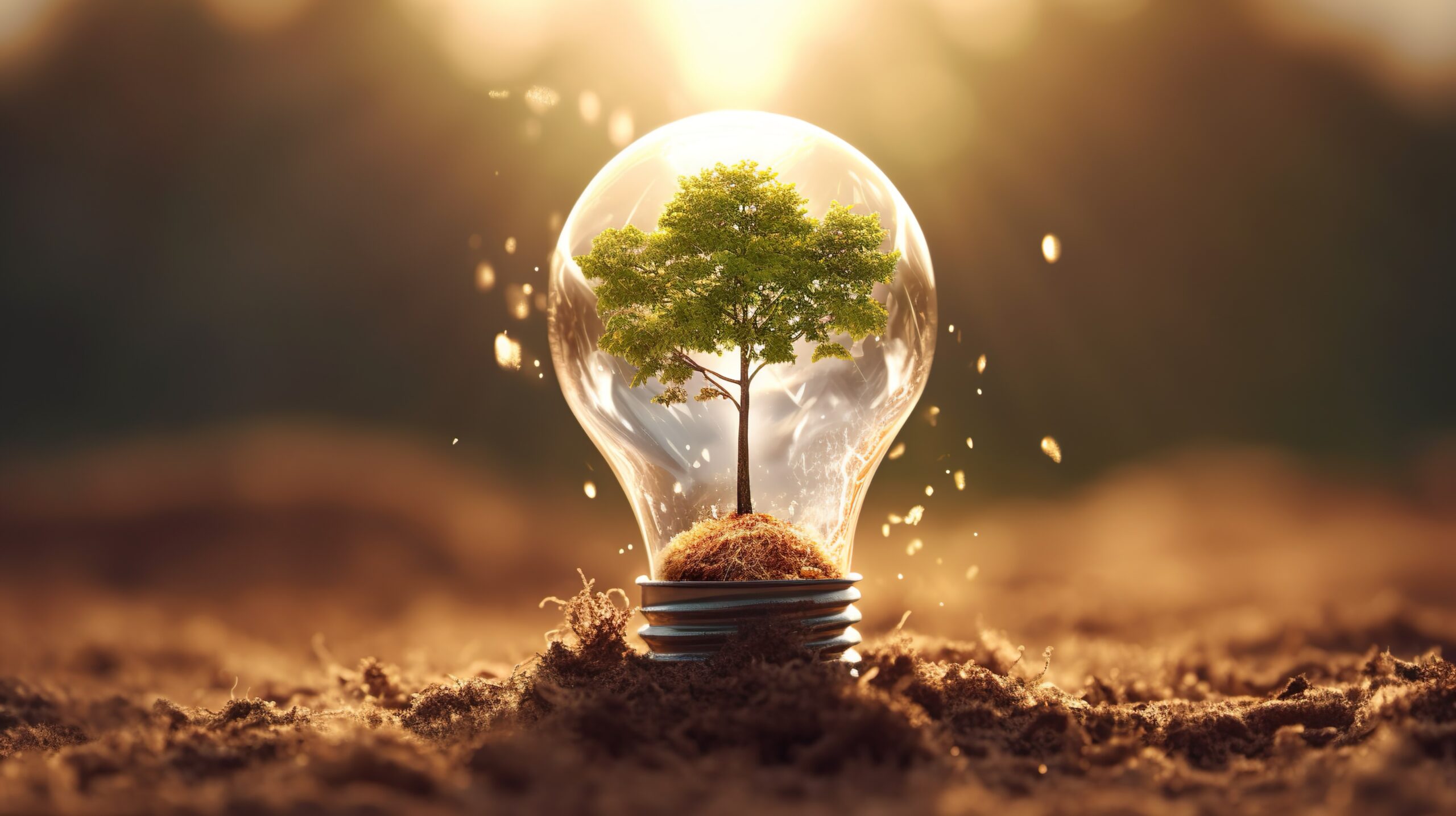 The concept of ecology, trees, soil, sunlight, rising from the lamp on ...